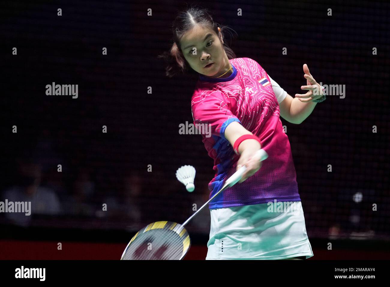 Busanan Ongbamrungphan of Thailand plays a return during a badminton game of the women's singles ...
