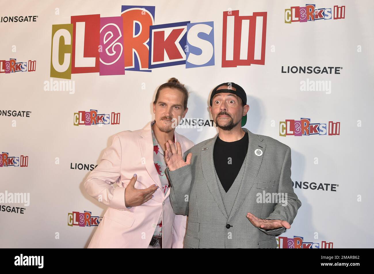 Kevin Smith, right, and Jason Mewes arrive at the premiere of "Clerks III" on Wednesday, Aug. 24 ...