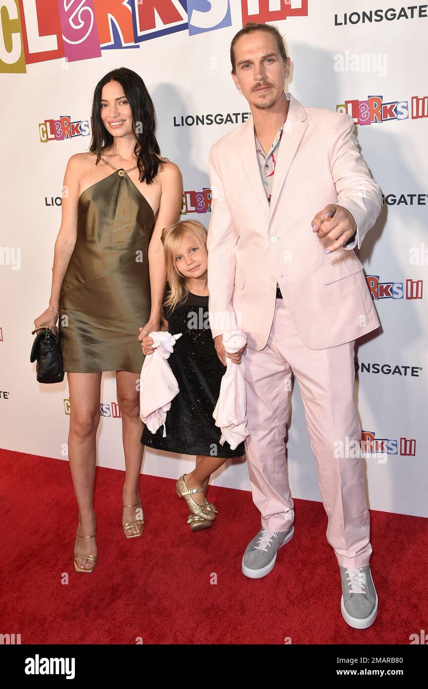 Jordan Monsanto, from left, Logan Lee Mewes and Jason Mewes arrive at the premiere of "Clerks ...