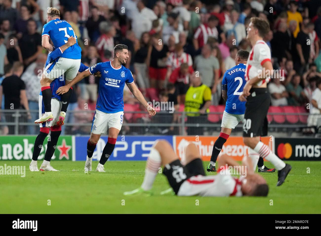 Rangers players celebrate their team's victory at the end of a ...