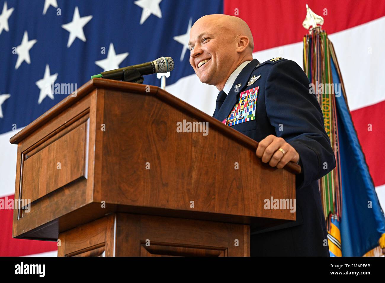 Col. Joseph Miller, former 314th Airlift Wing commander, gives remarks ...