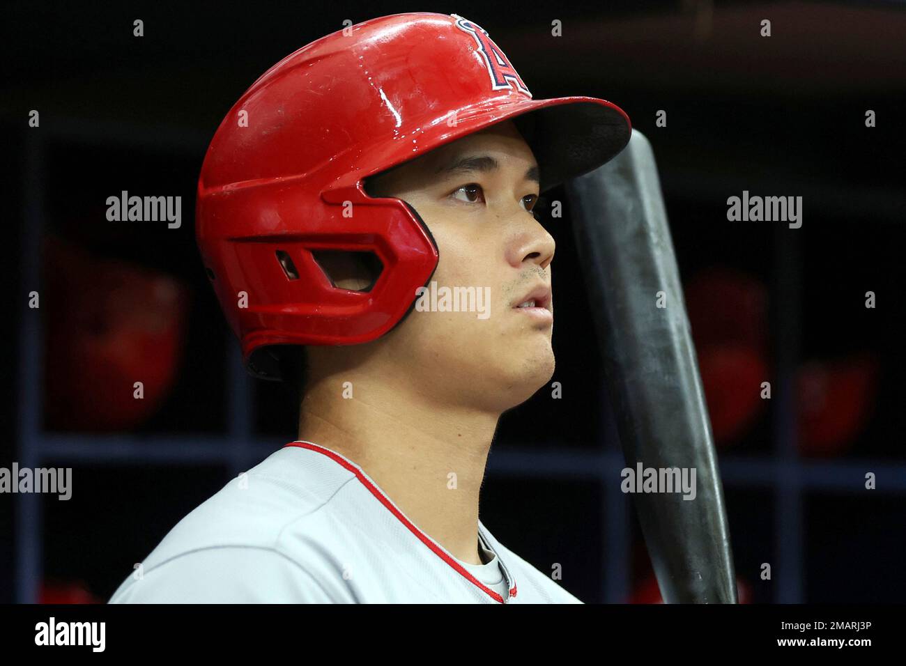 Los Angeles Angels' Shohei Ohtani awaits his first at bat during the ...