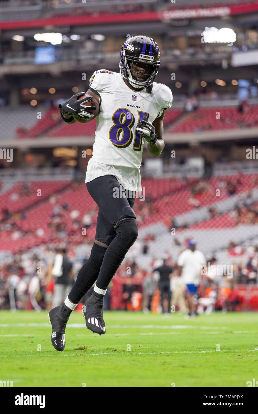 Wide receiver (81) Binjimen Victor of the Baltimore Ravens warms up ...