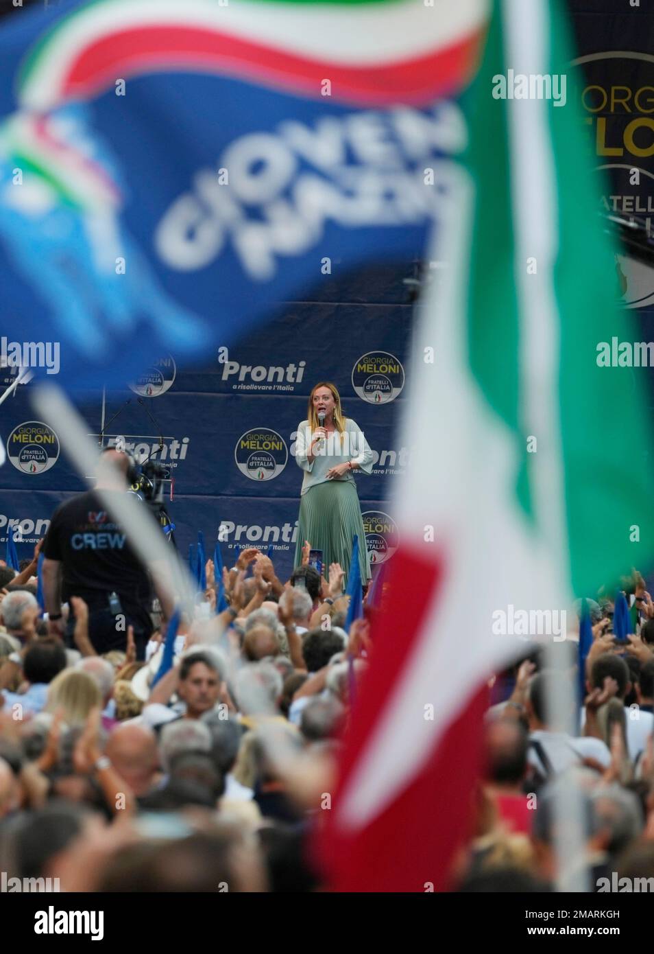 Right-wing party Brothers of Italy's leader Giorgia Meloni addresses a ...