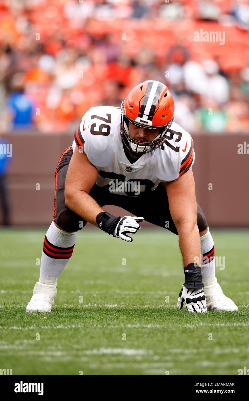 Cleveland Browns guard Drew Forbes (79) lines up for a play during an ...