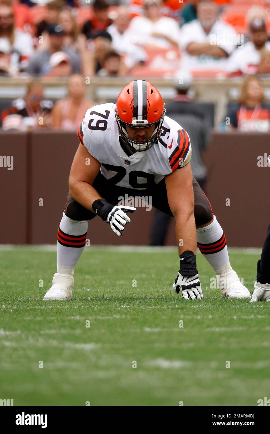 Cleveland Browns guard Drew Forbes (79) lines up for a play during an ...