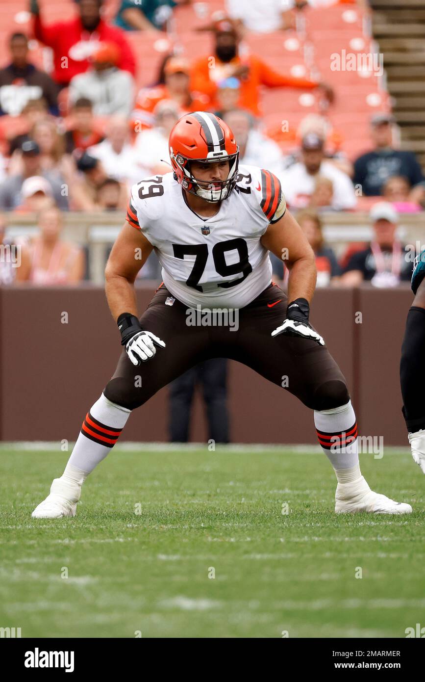 Cleveland Browns guard Drew Forbes (79) looks to make a block during an ...