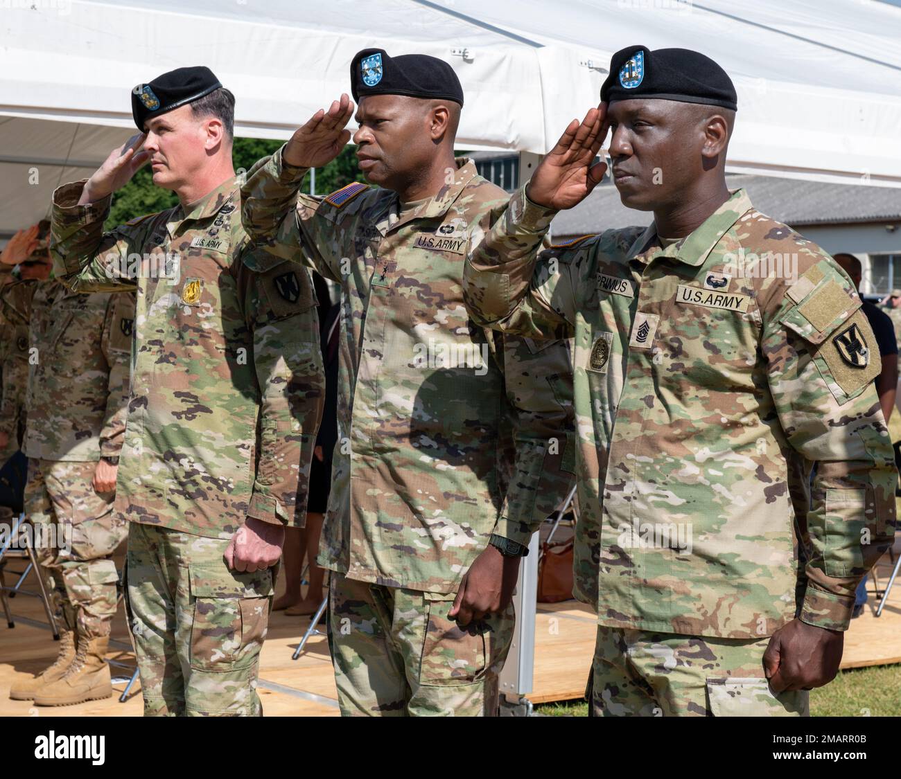 Left to Right: U.S. Army Command Sgt. Maj. Sean Howard, outgoing senior ...