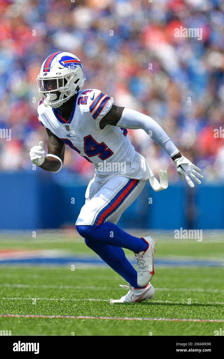Buffalo Bills cornerback Kaiir Elam runs on the field during the first ...