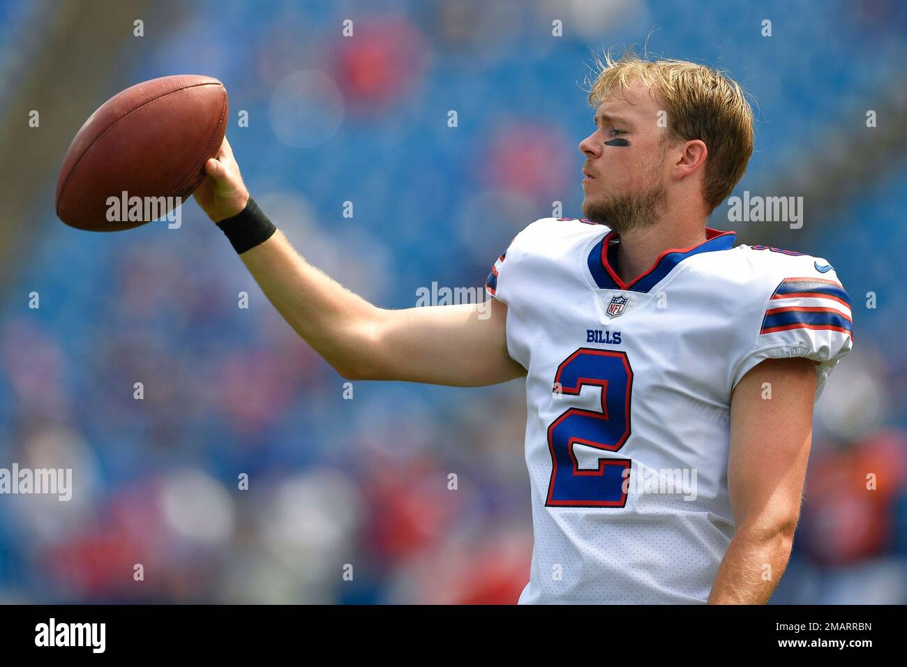 Buffalo Bills kicker Tyler Bass warms up before a preseason NFL ...