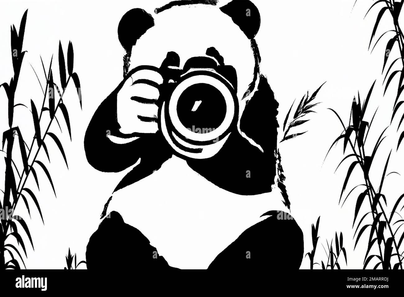 black and white graphic illustration of a photographer panda Stock ...