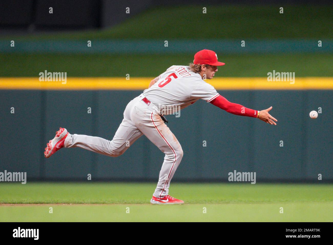 Philadelphia Phillies second baseman Bryson Stott (5) plays during a baseball game against the ...