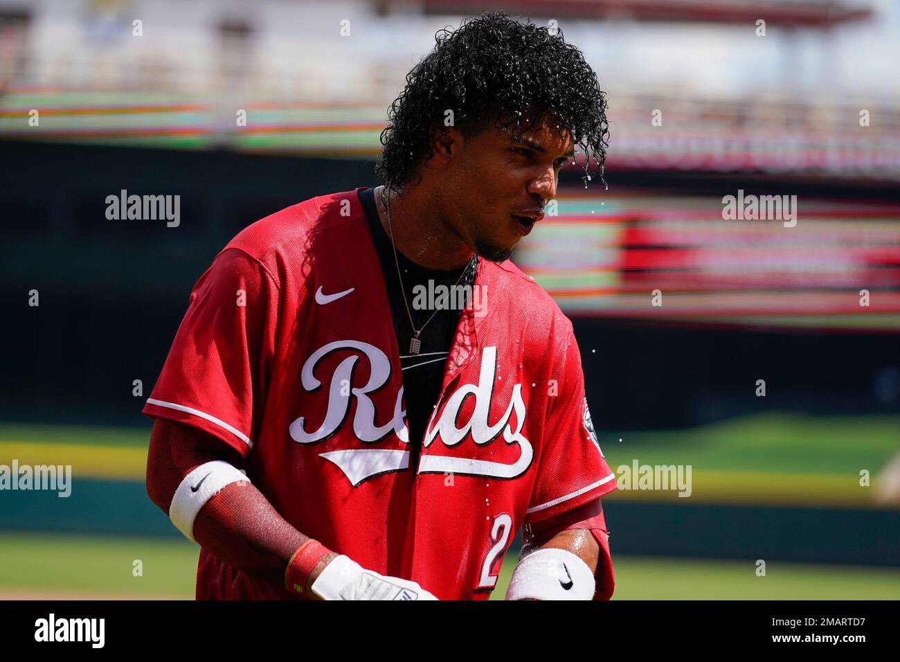Cincinnati Reds' Jose Barrero stands for an interview after being ...