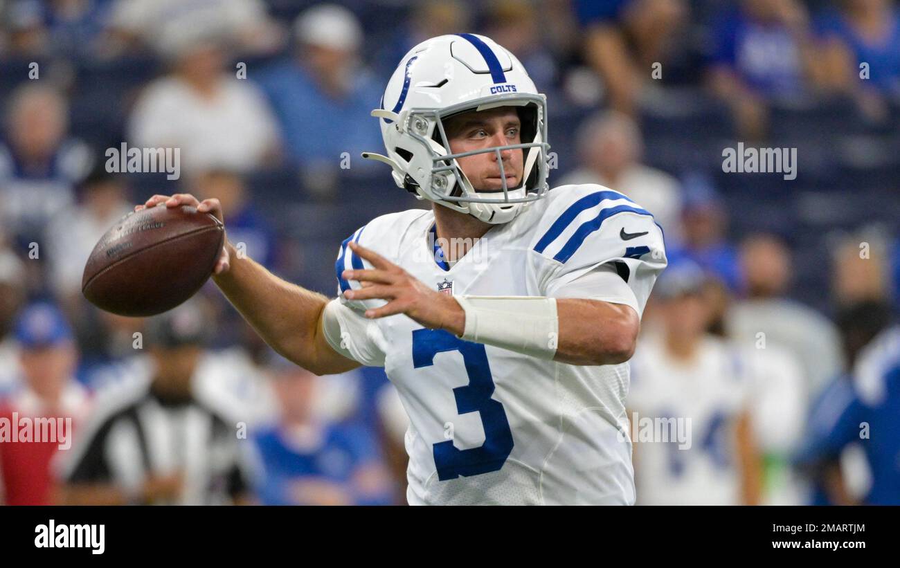 Indianapolis Colts quarterback Jack Coan (3) throws against the Detroit ...