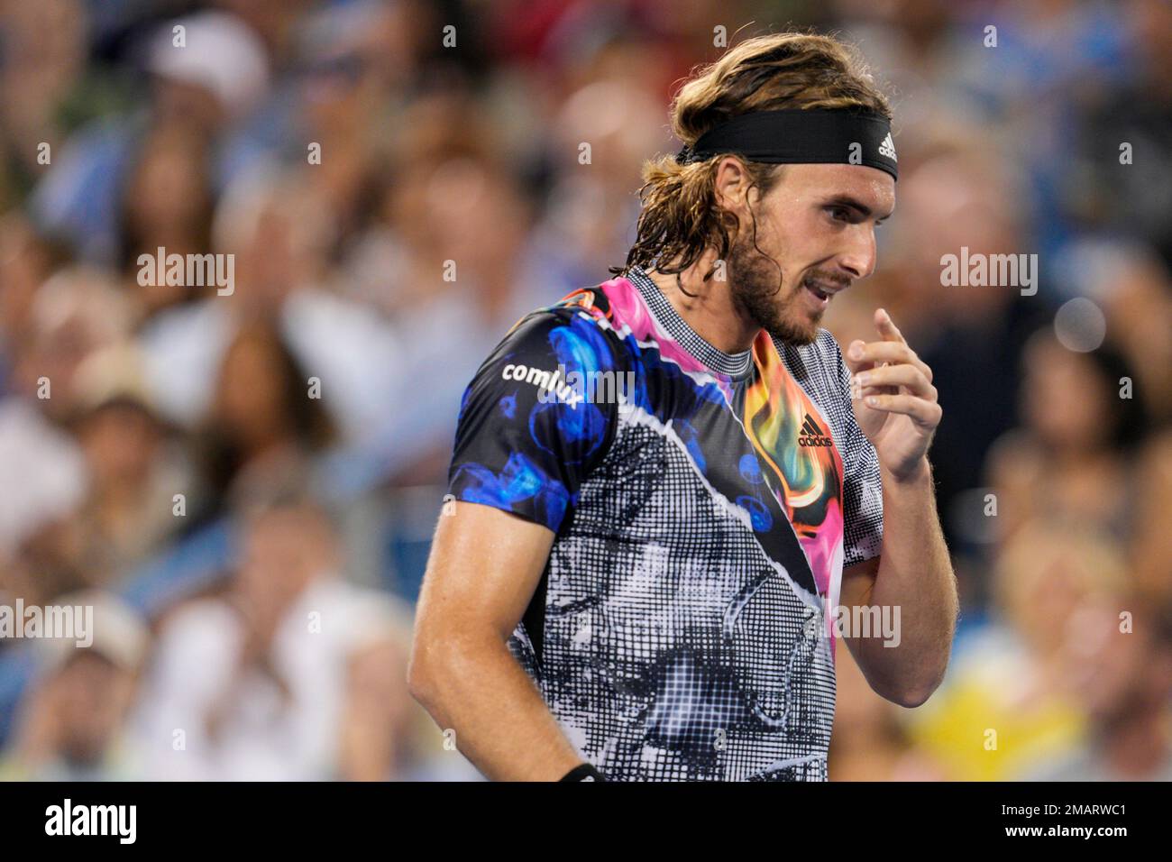 Stefanos Tsitsipas, of Greece, plays during the Western & Southern Open ...