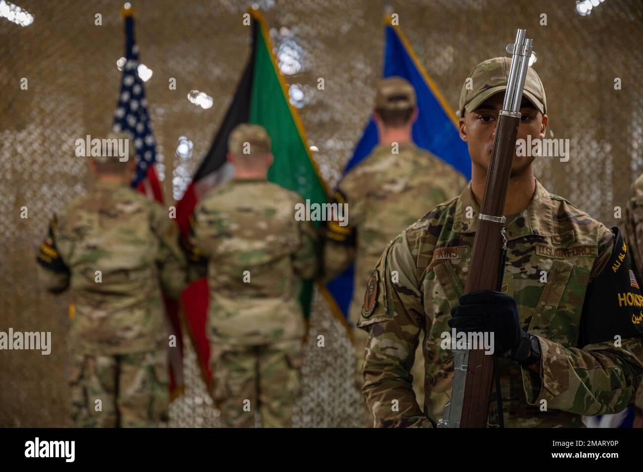 Ali Al Salem Base Honor Guard members post the colors during the 387th ...