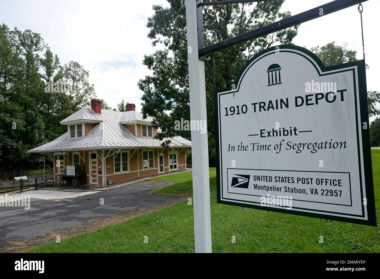 A sign for the 1910 train depot that also serves as a museum about ...