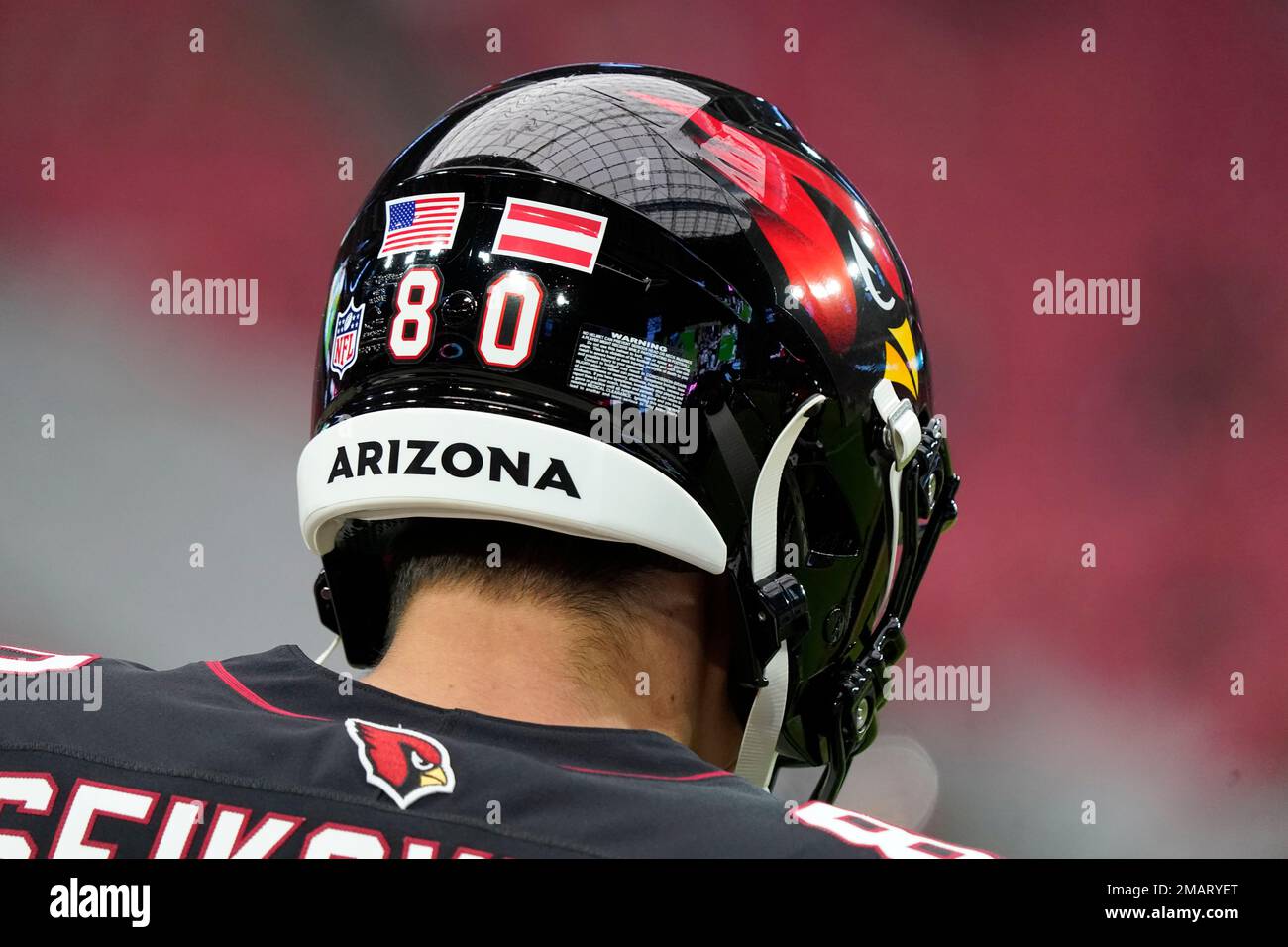 Arizona Cardinals tight end Bernhard Seikovits (80) wears an Austrian ...