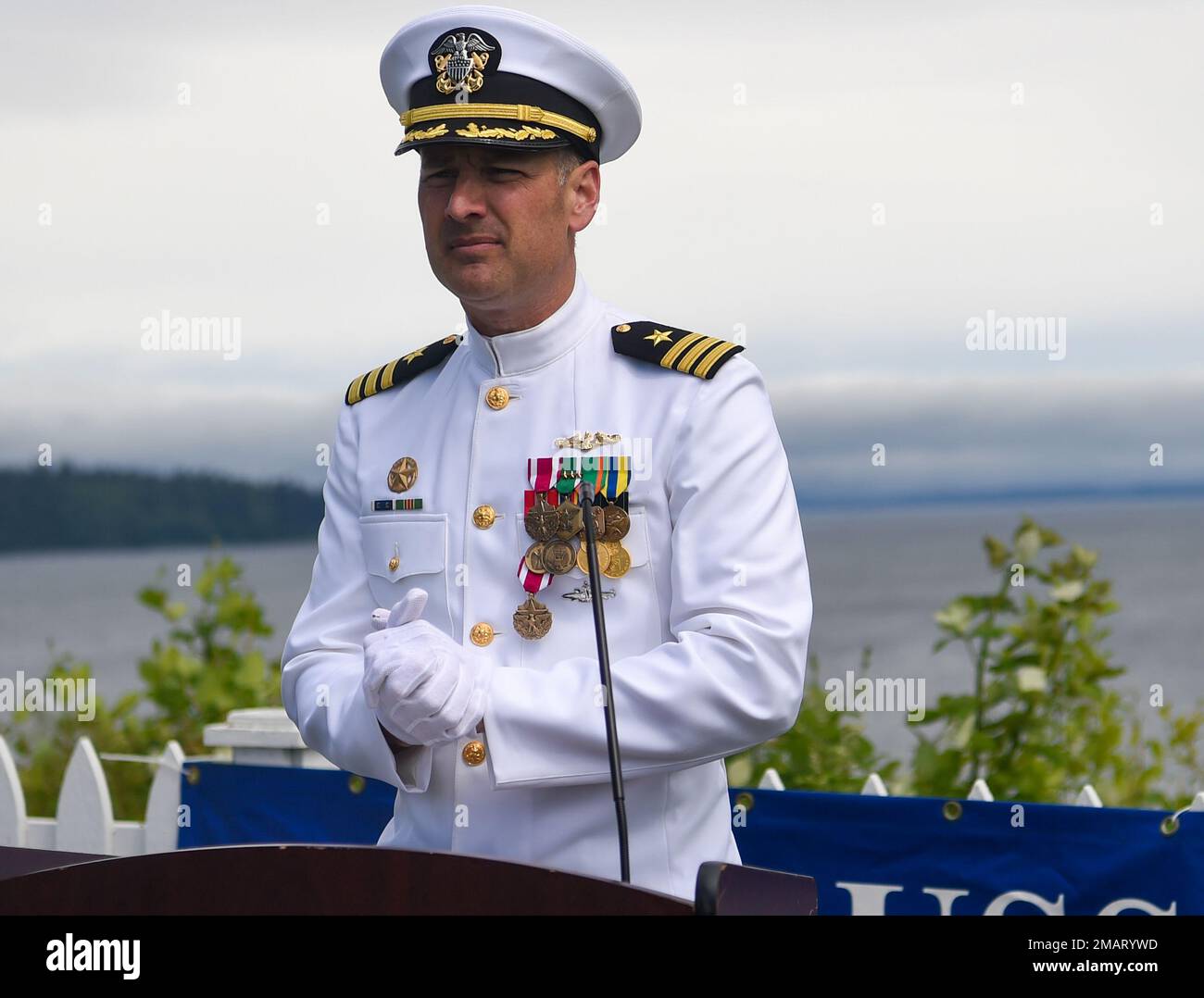 Cmdr. Sean Gray, outgoing commanding officer of USS Pennsylvania (SSBN ...
