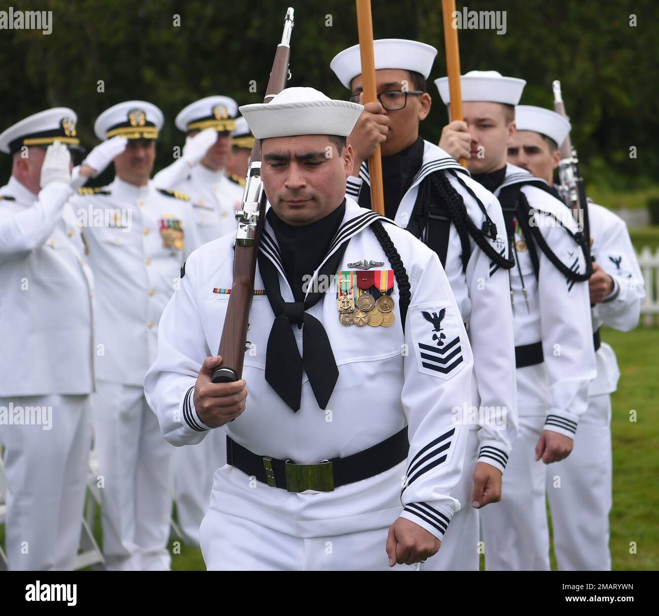 Sailors parade the colors during the USS Pennsylvania (SSBN 735) change ...