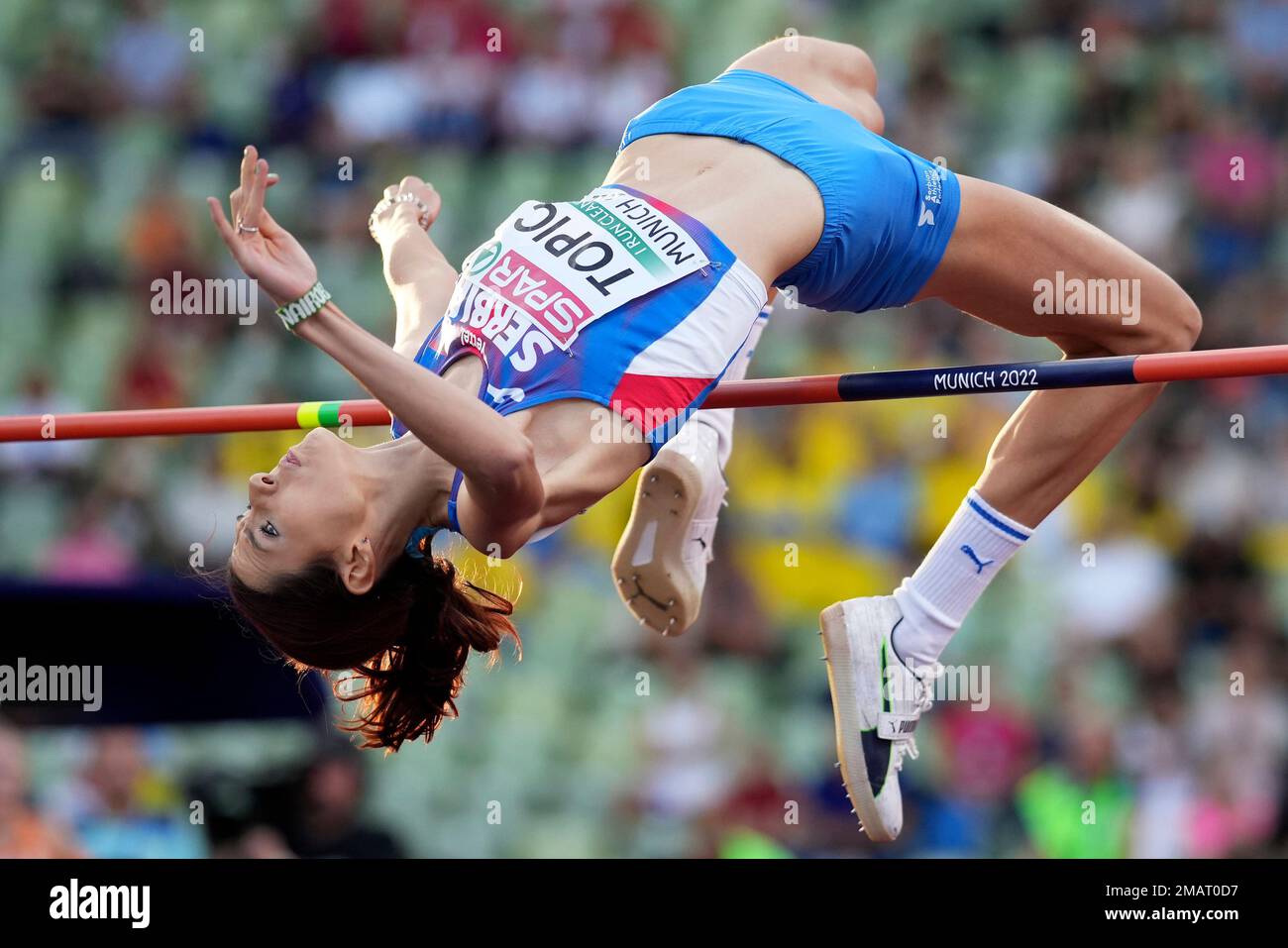 Angelina Topic, of Serbia, makes an attempt in the Women's high jump ...