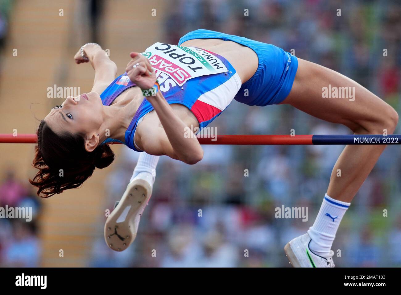 Angelina Topic, of Serbia, makes an attempt in the Women's high jump final during the athletics ...