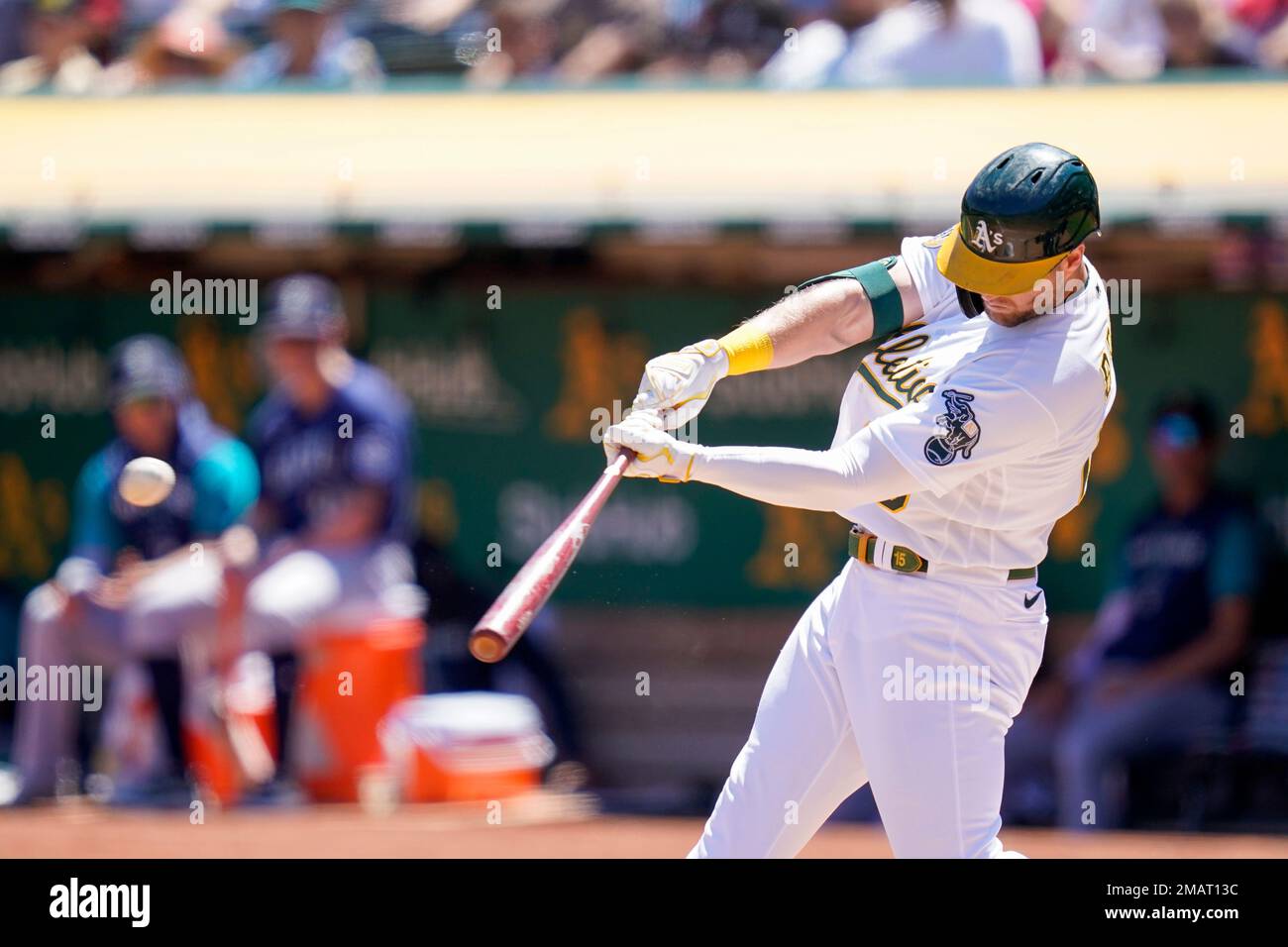 Oakland Athletics' Seth Brown hits a double against the Oakland ...