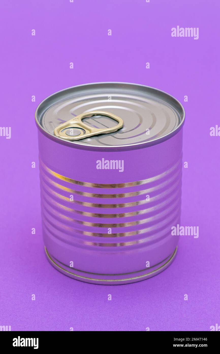 Unopened Tin Can with Blank Edge on Violet Background. Canned Food ...