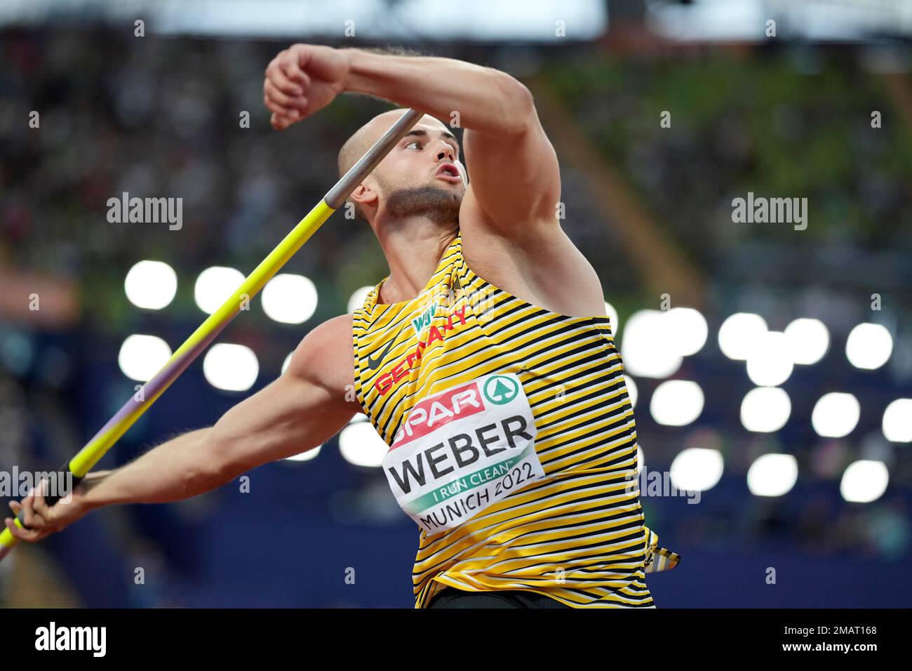 Julian Weber, of Germany, makes an attempt in the Men's javelin throw ...
