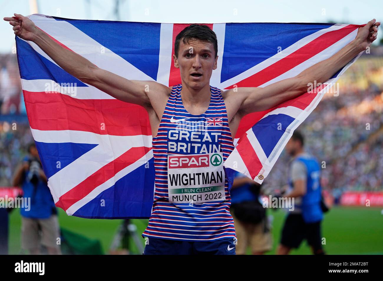 Jake Wightman, of Great Britain, poses after winning the silver medal ...