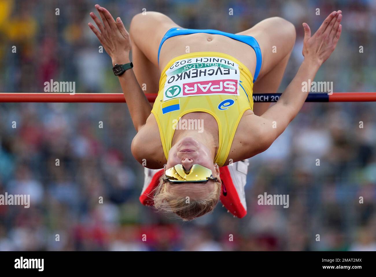 Yuliya Levchenko, of Ukraine, makes an attempt in the Women's high jump ...