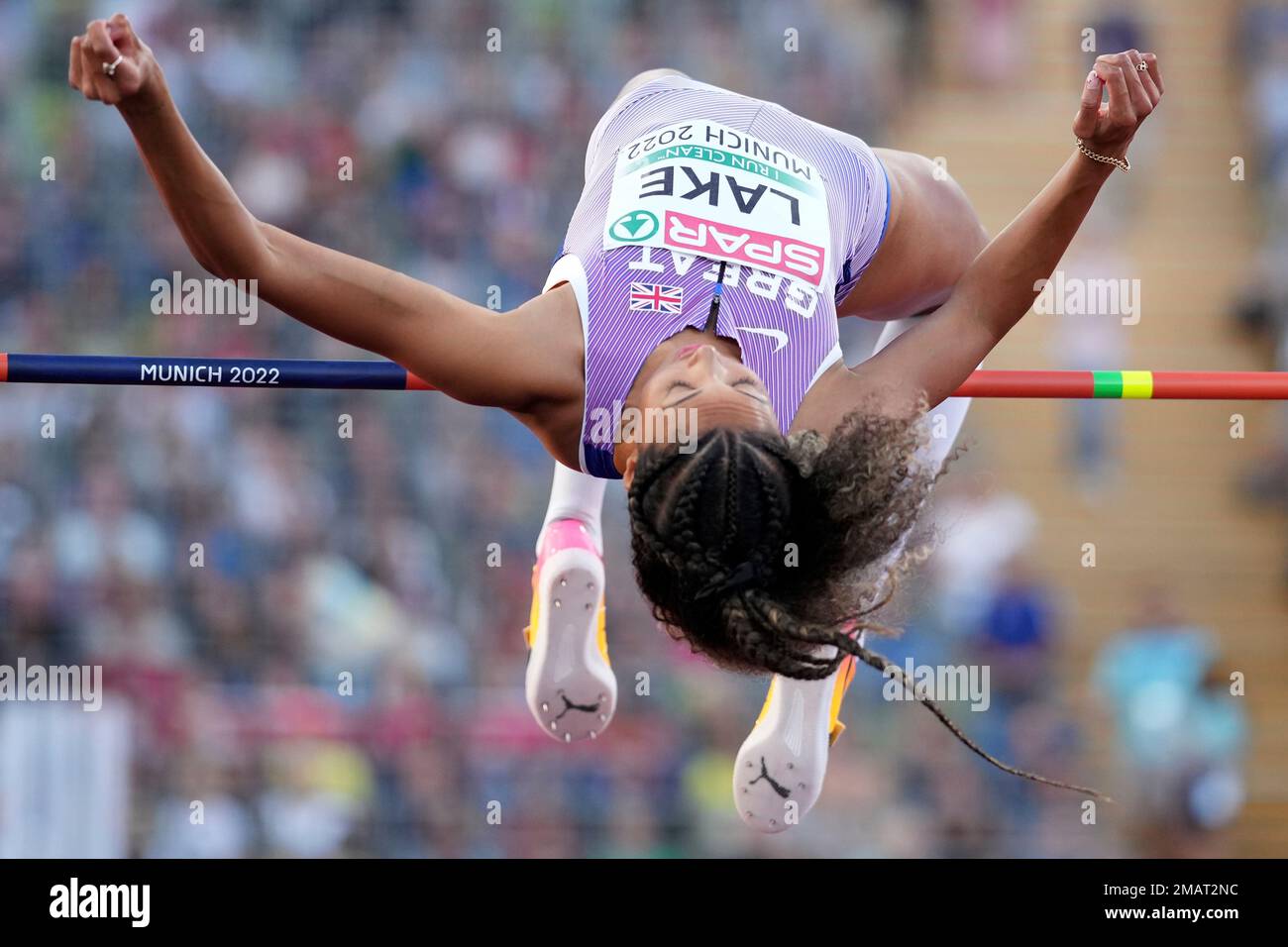 Morgan Lake, of Great Britain, makes an attempt in the Women's high ...