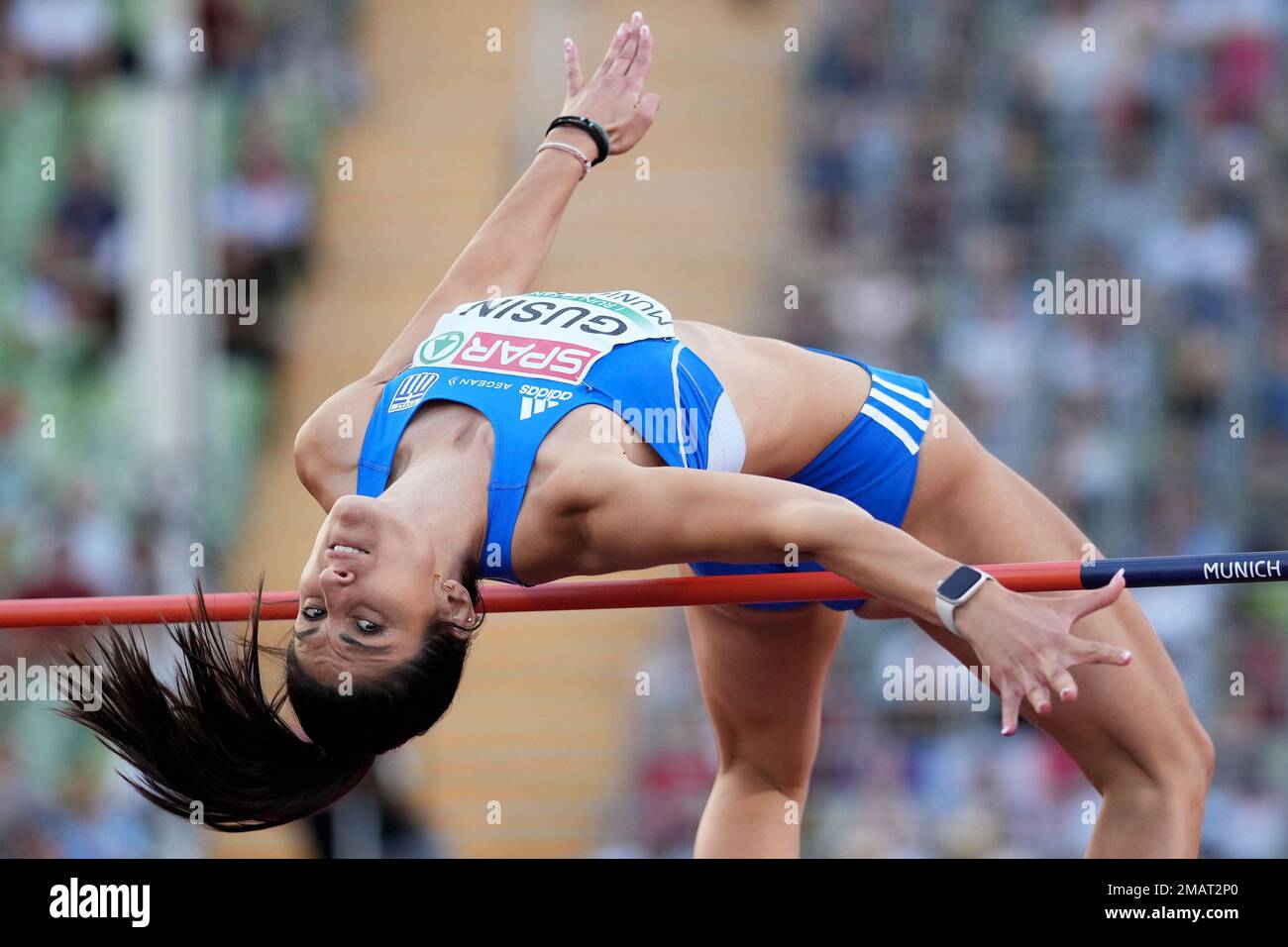 Tatiana Gusin, of Greece, makes an attempt in the Women's high jump final during the athletics ...