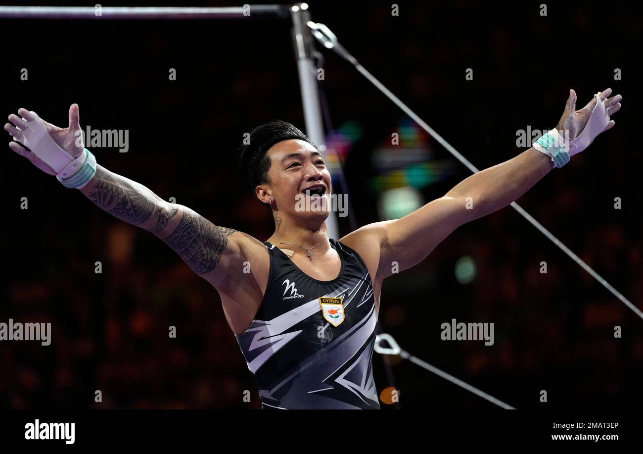 Cyprus's Marios Georgiou reacts after competition in the men's horizontal bar final at the ...