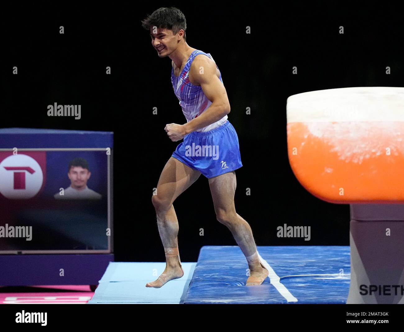 Britain's Jake Jarman reacts after the men's vault final at the ...