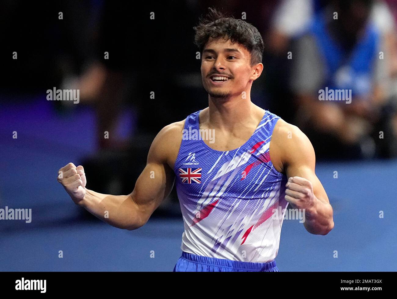 Britain's Jake Jarman reacts after the men's vault final at the ...
