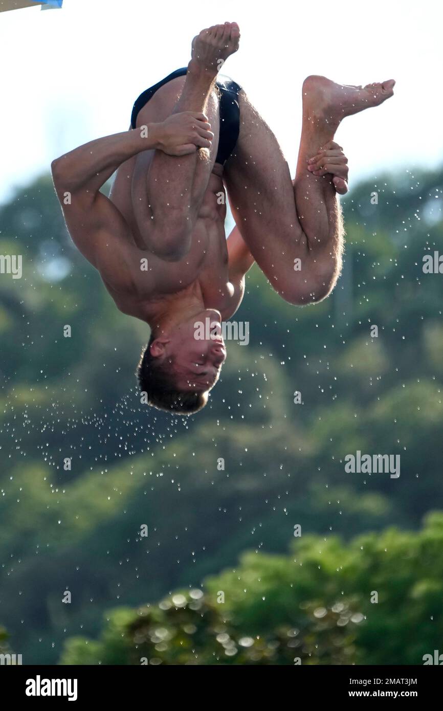 Yevhen Naumenko of Ukraine dives during Men's 10m platform competition, at the European aquatics ...