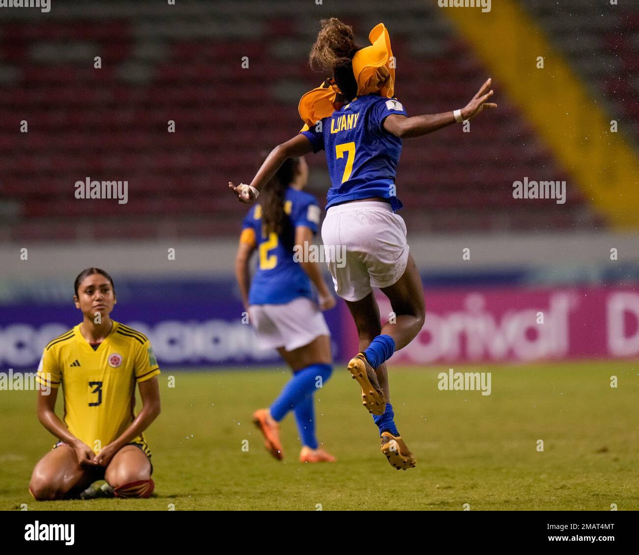 Brazil's Luany, center, celebrates after defeating 1-0 Colombia during ...
