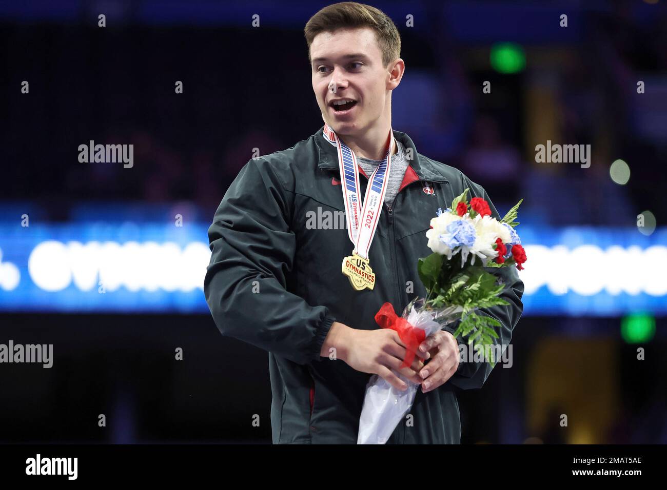 First-place overall champion Brody Malone wears his gold medal at the U ...