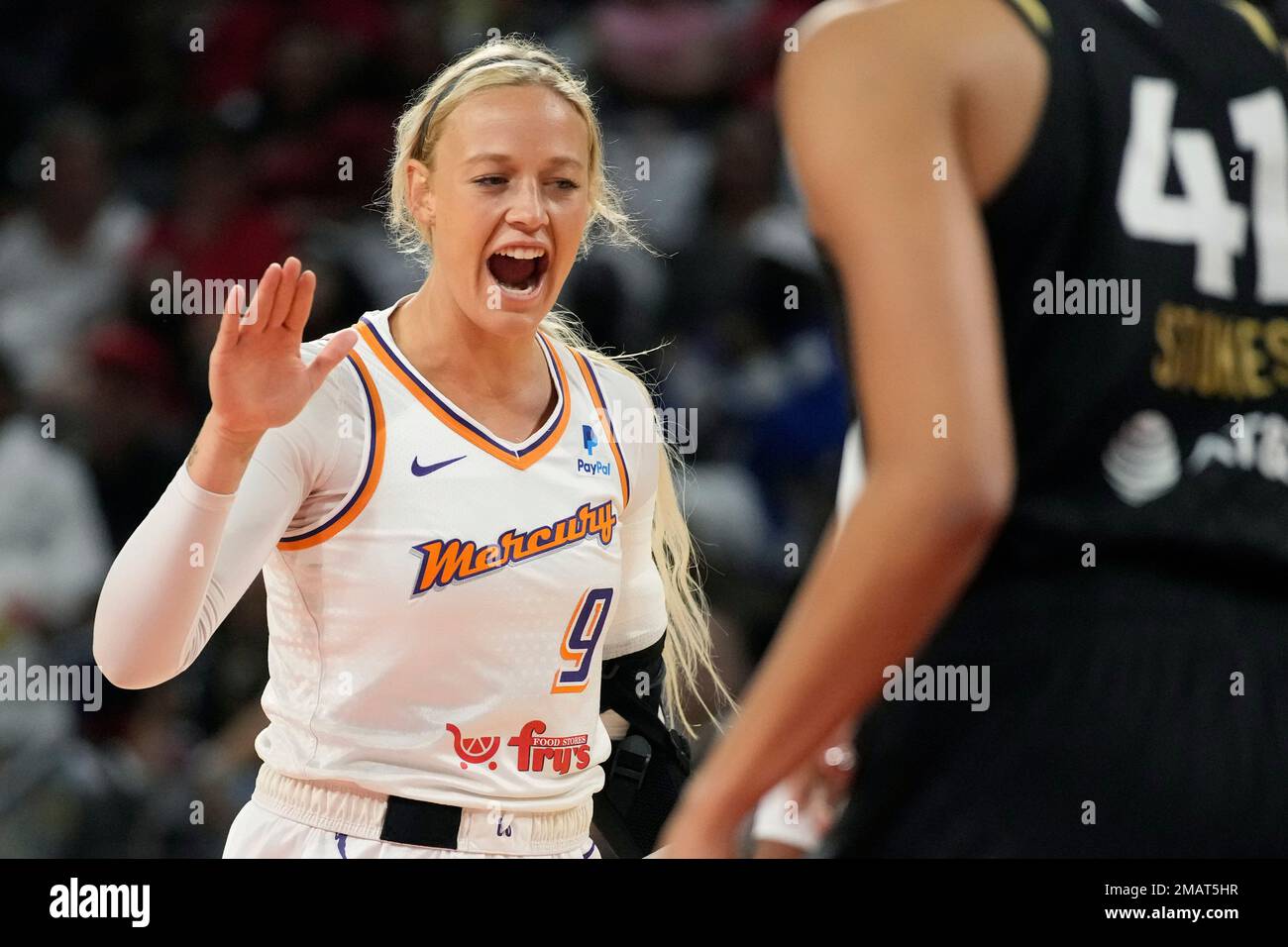 Phoenix Mercury guard Sophie Cunningham (9) reacts after a play against the Las Vegas Aces ...