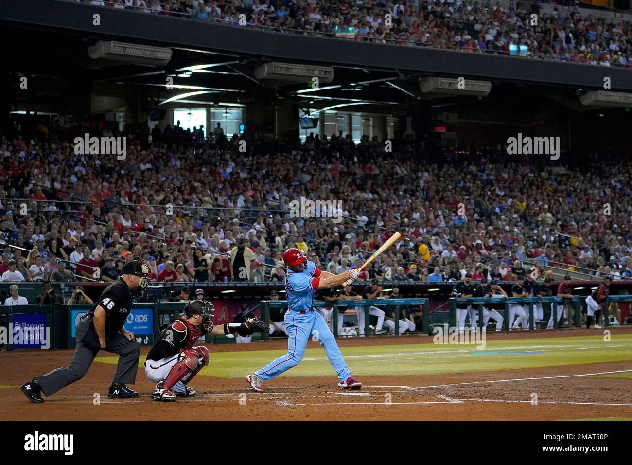 St. Louis Cardinals Paul Goldschmidt follows through on an RBI base hit ...