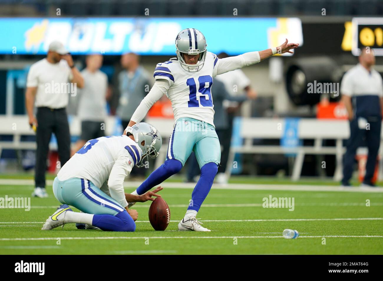 Dallas Cowboys place kicker Brett Maher warms up before a preseason NFL ...