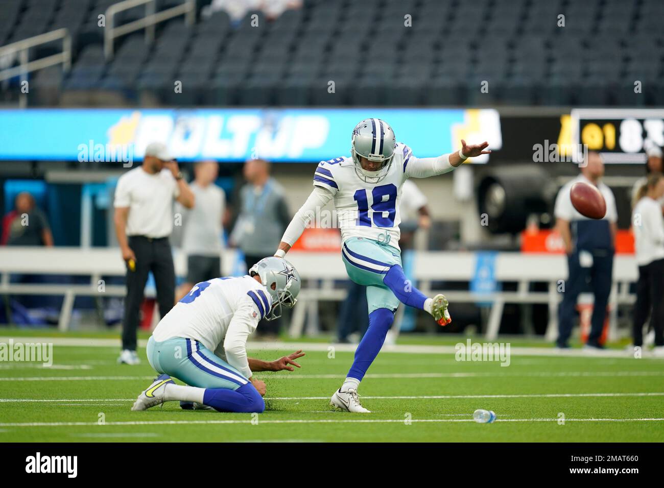 Dallas Cowboys place kicker Brett Maher warms up before a preseason NFL ...