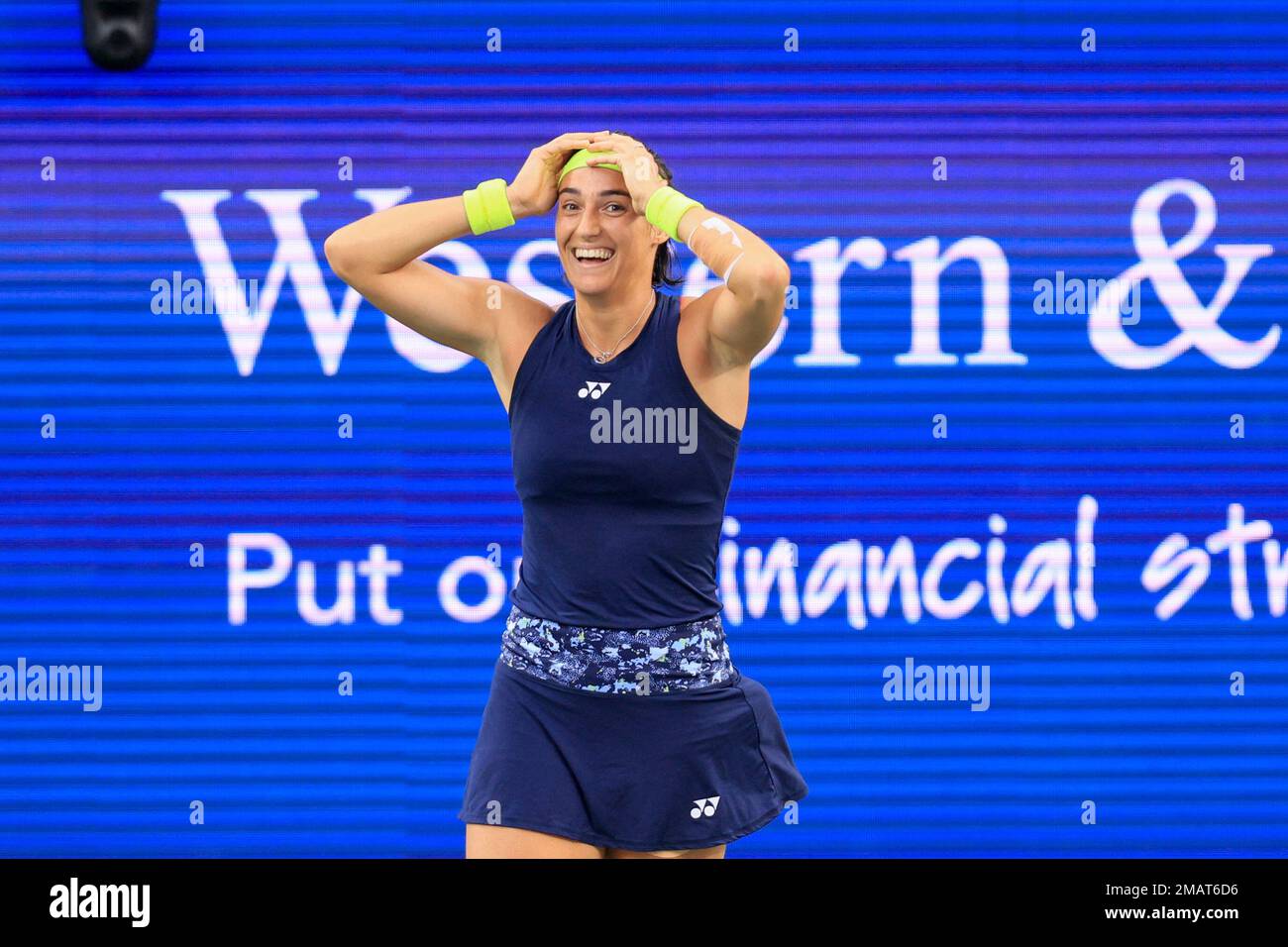 Caroline Garcia, of France, reacts after defeating Aryna Sabalenka, of ...