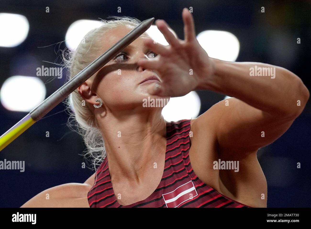 Lina Muze, of Latvia, makes an attempt in the Women's javelin throw ...