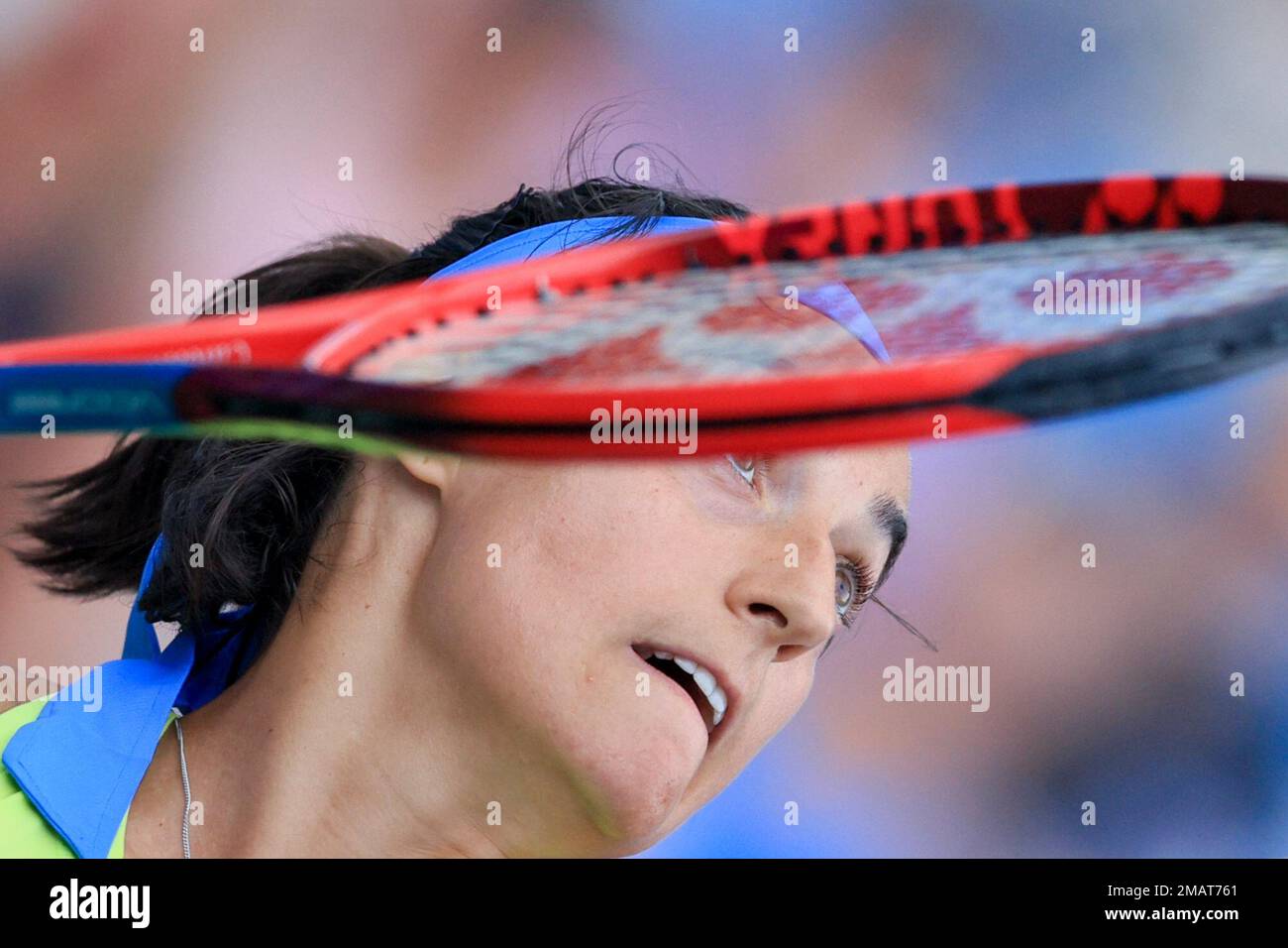Caroline Garcia, of France, serves to Aryna Sabalenka, of Belarus ...
