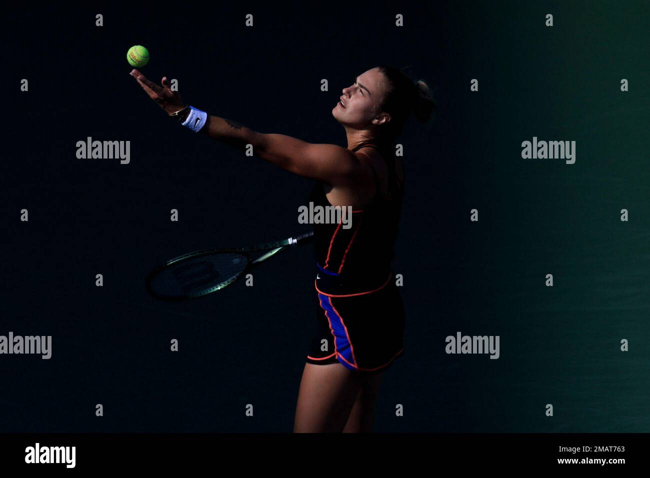 Aryna Sabalenka, of Belarus, serves to Caroline Garcia, of France ...