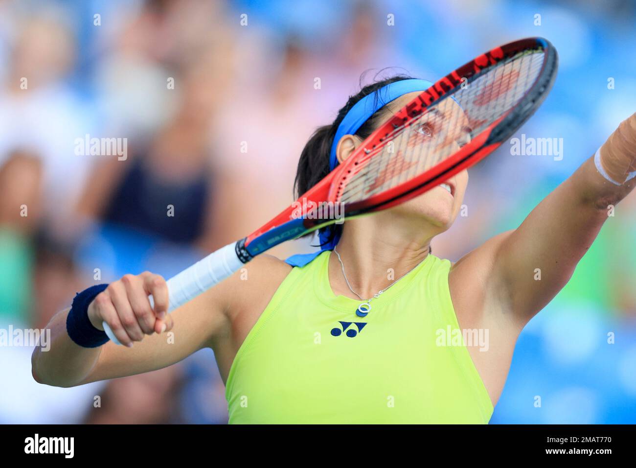 Caroline Garcia, of France, serves to Aryna Sabalenka, of Belarus ...