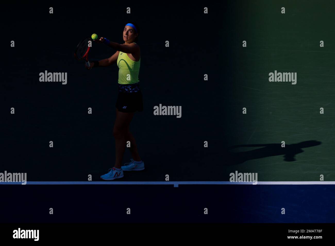 Caroline Garcia, of France, serves to Aryna Sabalenka, of Belarus ...