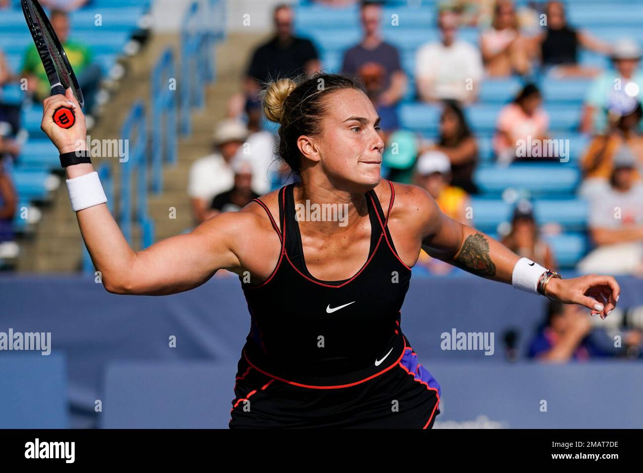 Aryna Sabalenka, of Belarus, plays during the Western & Southern Open ...